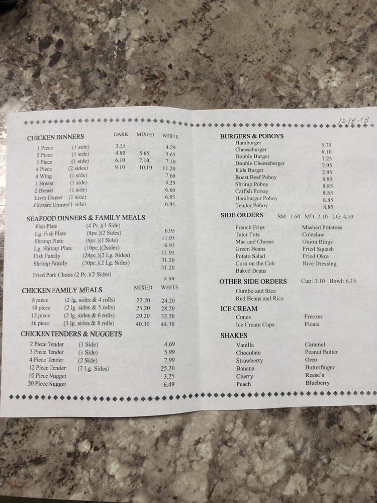 Menu at Linda's Chicken & Fish restaurant, Baton Rouge