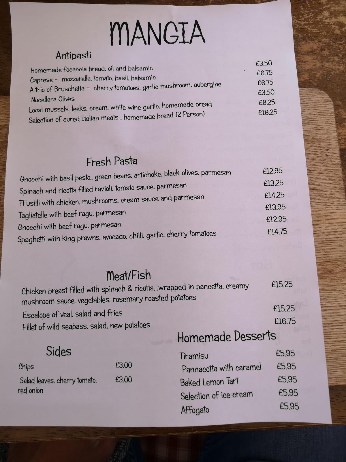 Menu at Mangia restaurant, Falmouth