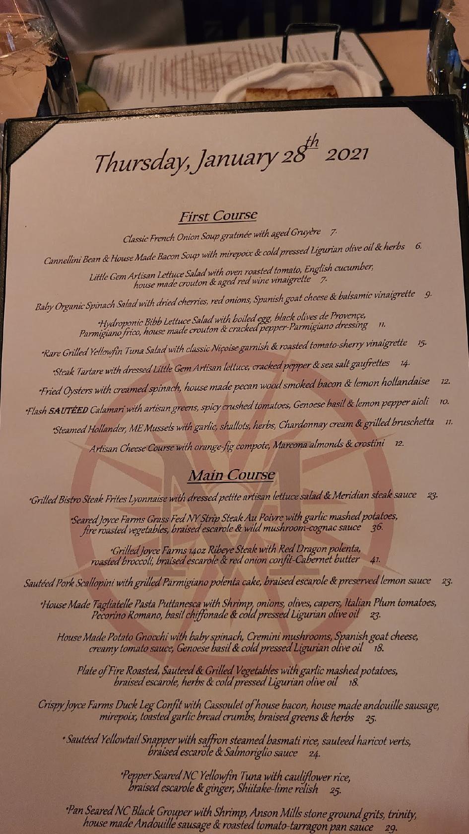 Menu at Meridian Restaurant, Winston-Salem