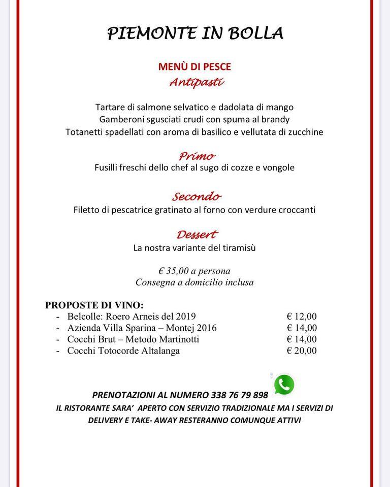 Menu at Ristorante Piemonte in Bolla, Turin, Via Claudio Luigi Berthollet