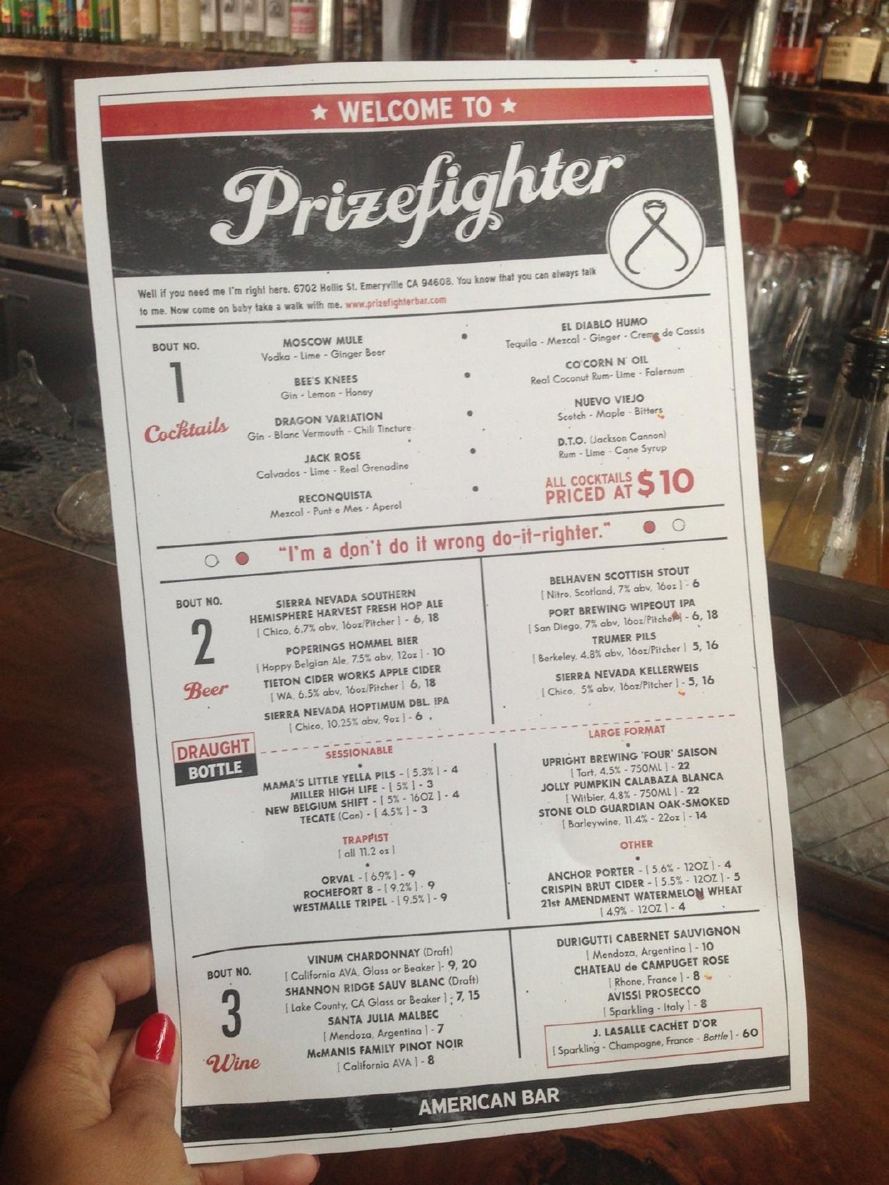 Menu at Prizefighter pub & bar, Emeryville