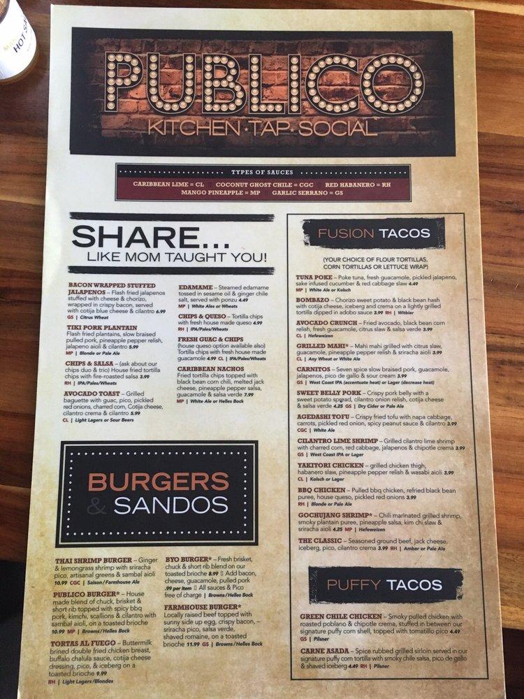 Menu at Publico, Columbia