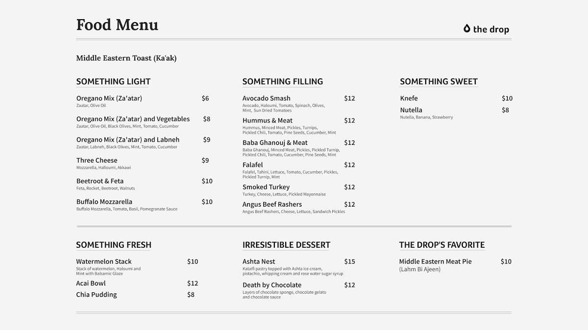 Menu at The Drop Cafe, Liverpool