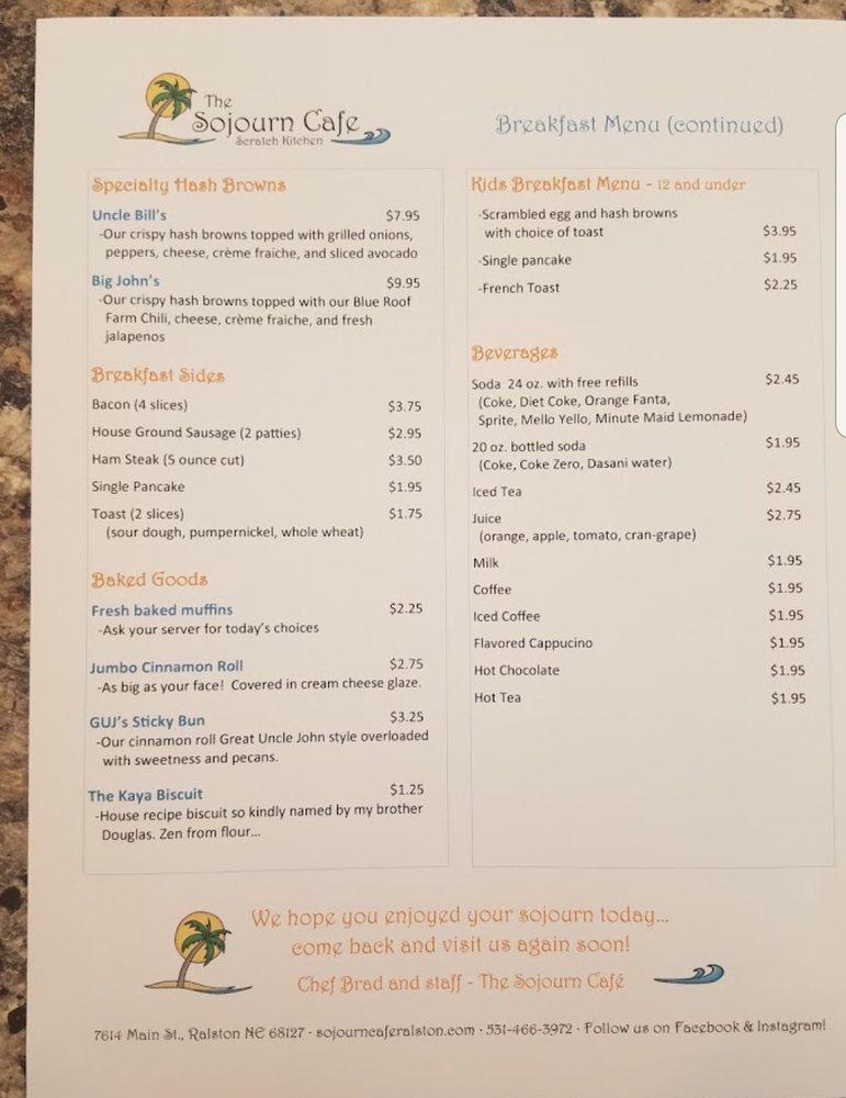 Menu at The Sojourn Cafe, Ralston
