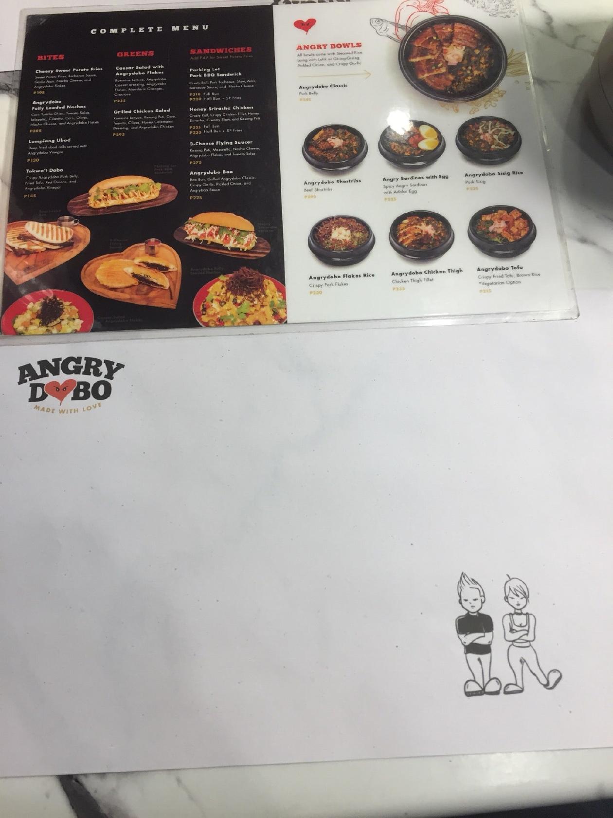 Menu at Angrydobo restaurant, Manila