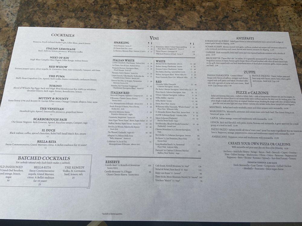 Menu at Bella's Italian Cafe, Tampa