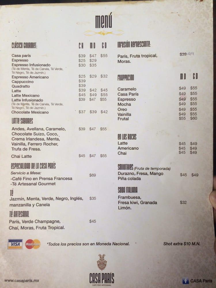 Menu at CASA PARIS cafe, Tecate, Edificio Limón 5