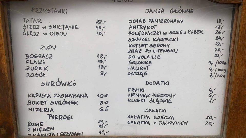 Menu at Central Bar, Karpacz
