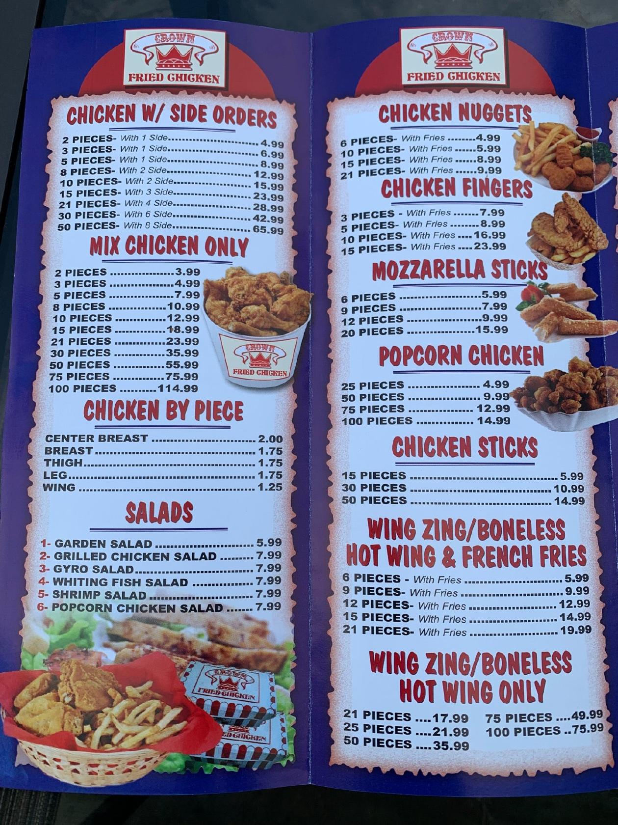 Menu at Crown Fried Chicken restaurant, Bloomsburg