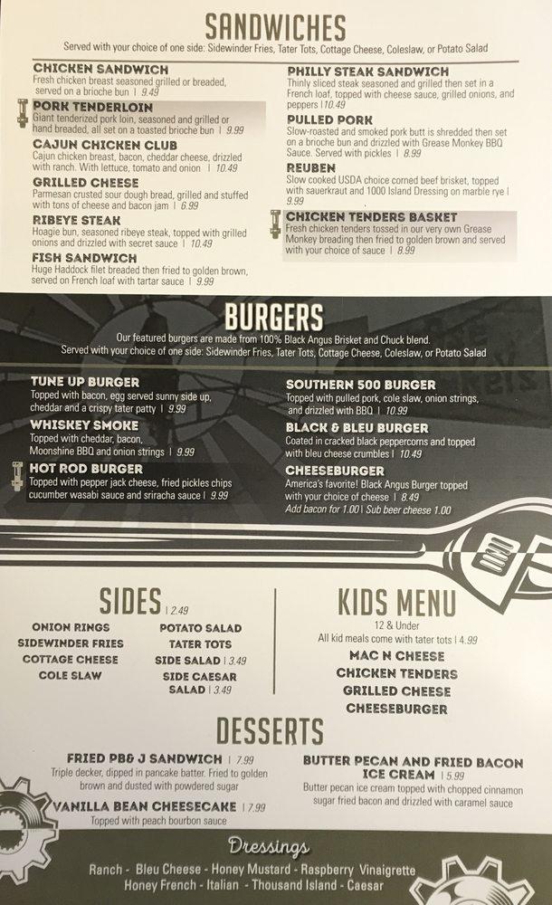 Menu at Grease Monkeys Sports Bar And Grill, Colona