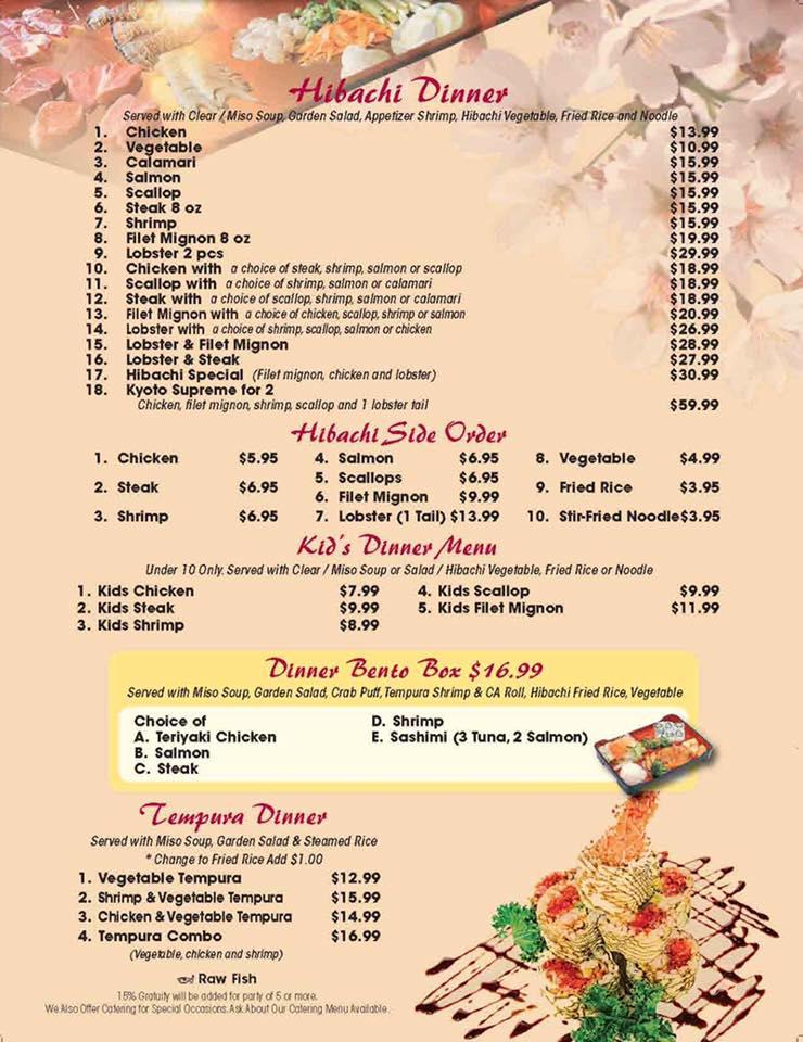 Menu at Kyoto Japanese Cuisine restaurant, DeRidder