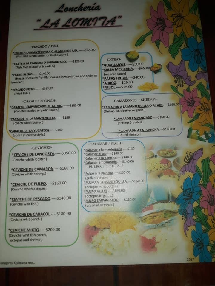 Menu at La Lomita restaurant, Isla Mujeres