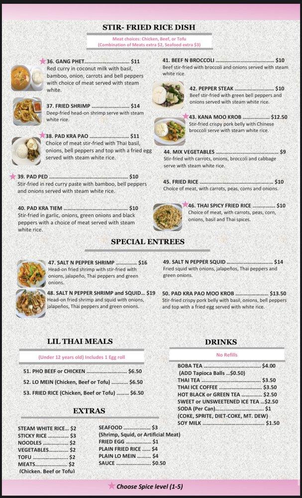 Menu at Lil Thai Cafe, La Vergne