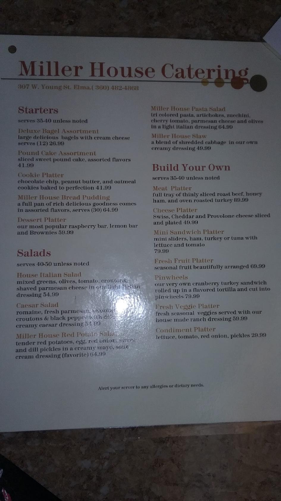 Menu at Miller House Catering restaurant, Elma, 220 W Young St