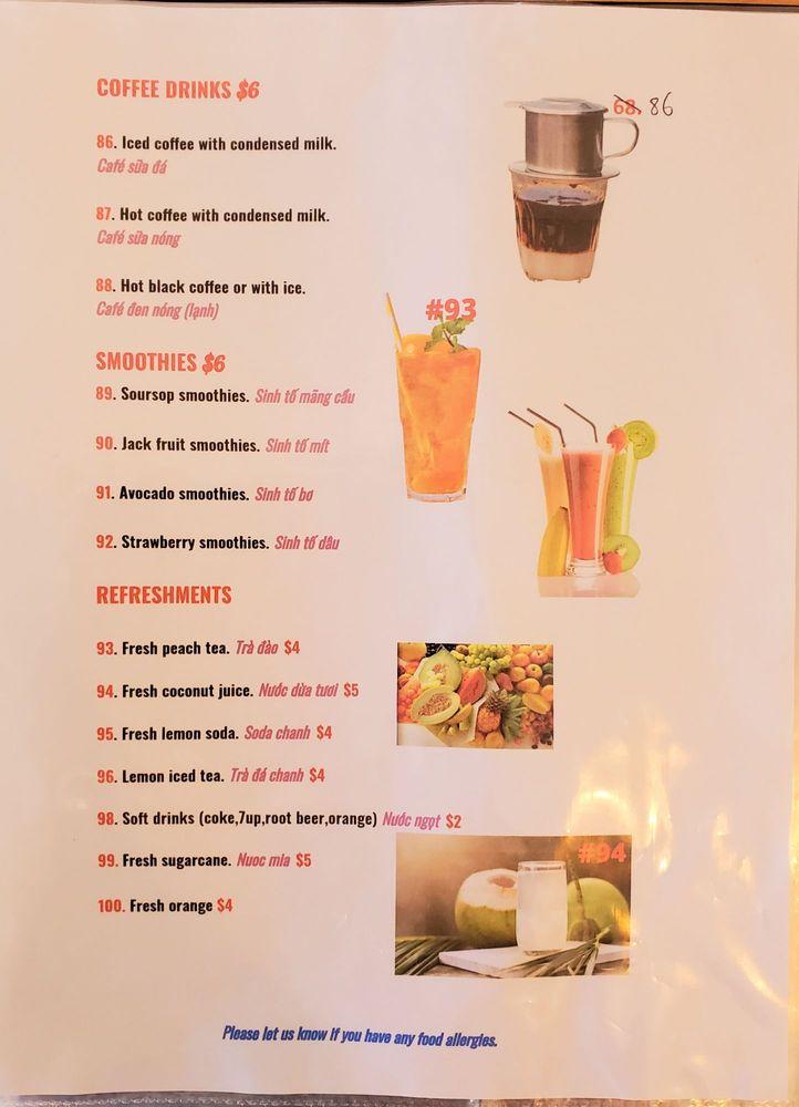 Menu at Pho Net Viet restaurant, Coquitlam