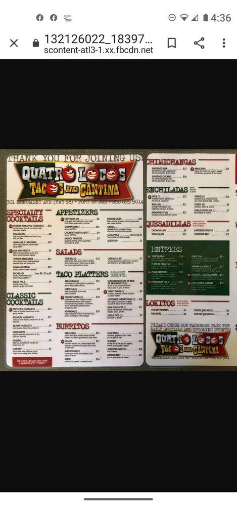 Menu at Quatro Locos Tacos and Cantina pub & bar, Port Saint Joe