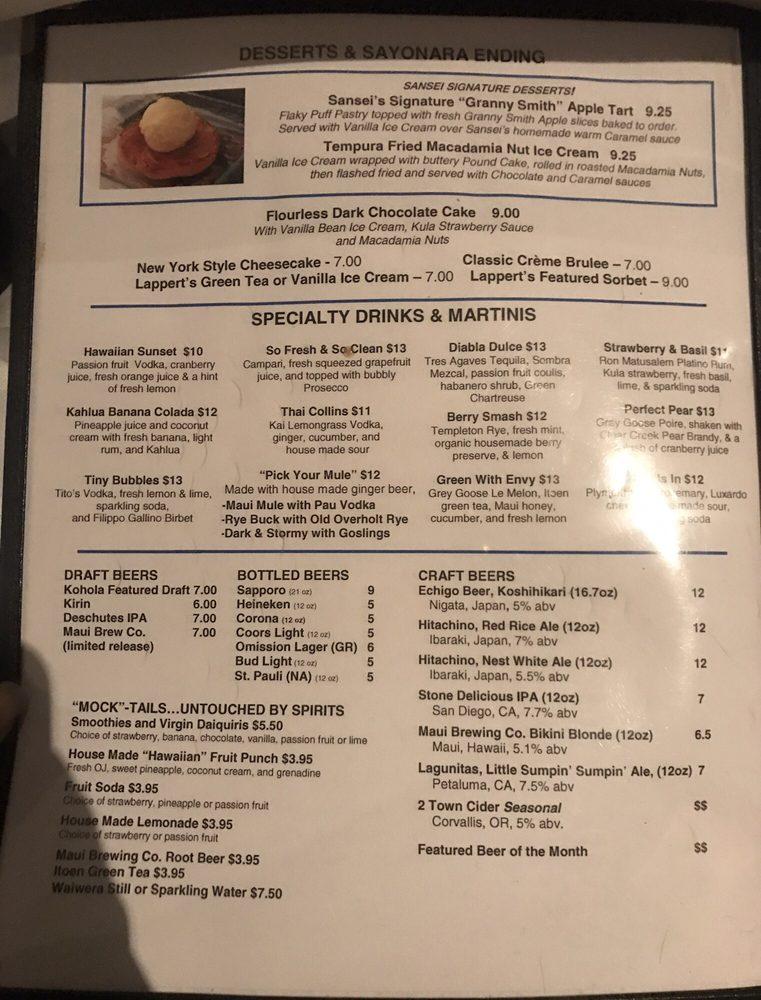 Menu at Sansei Seafood Restaurant & Sushi Bar, Kapalua