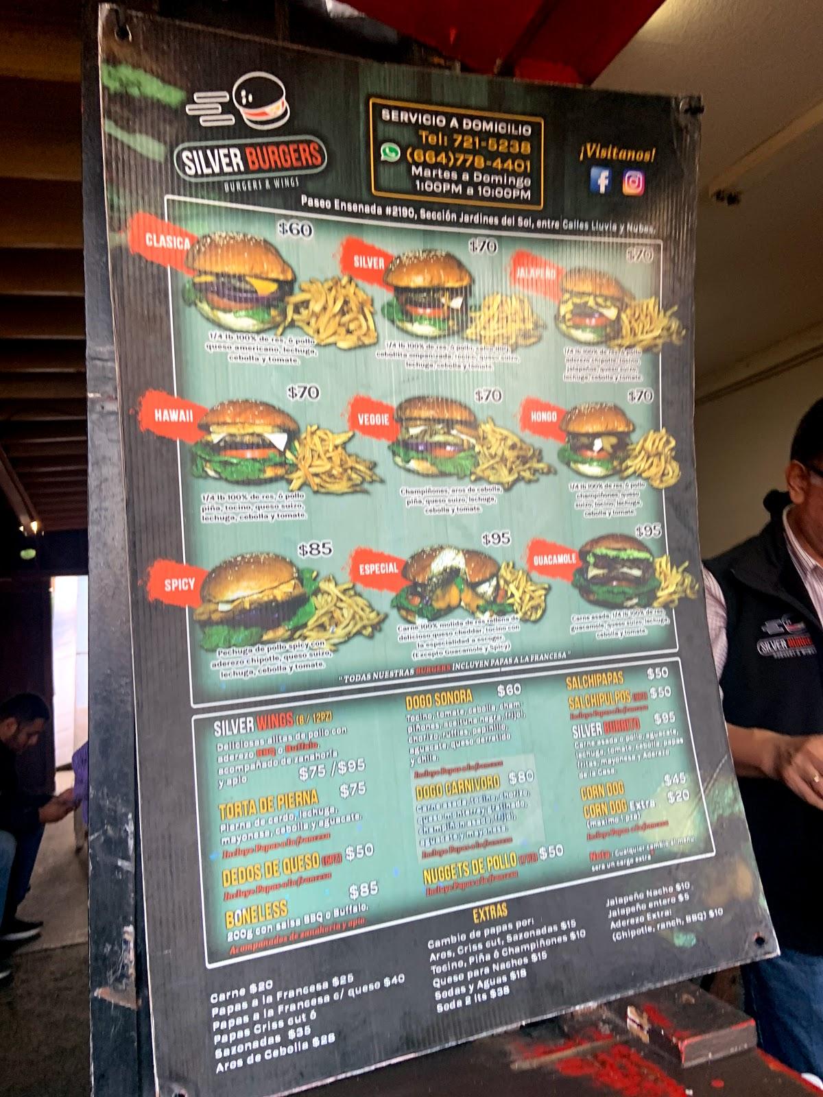 Menu at Silver Burger's Playas restaurant, Tijuana