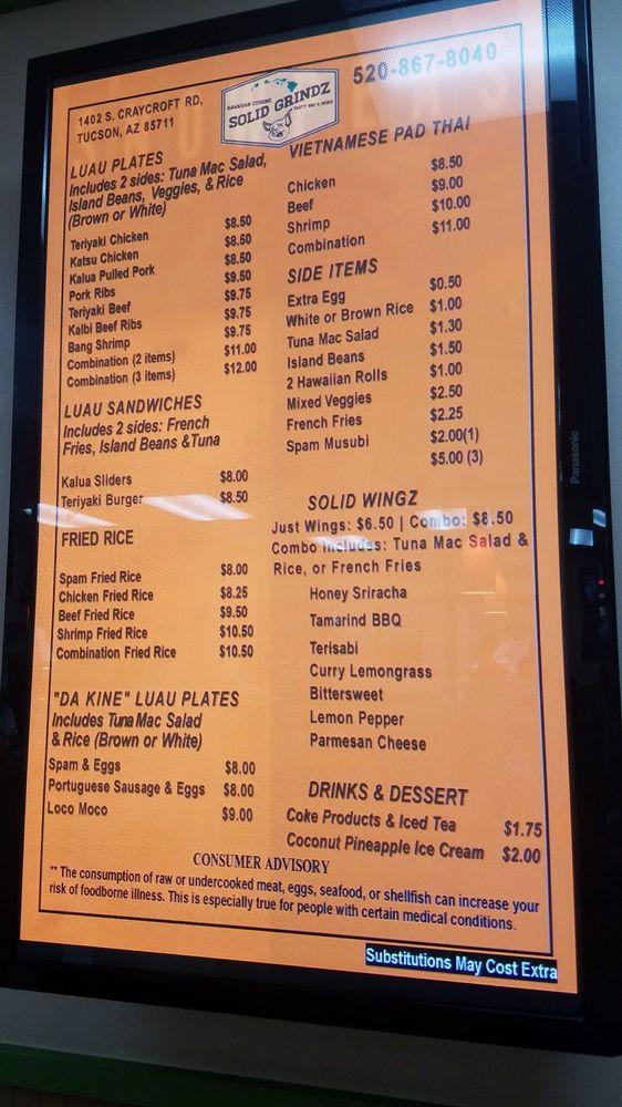 Menu at Solid Grindz Hawaiian BBQ, Tucson