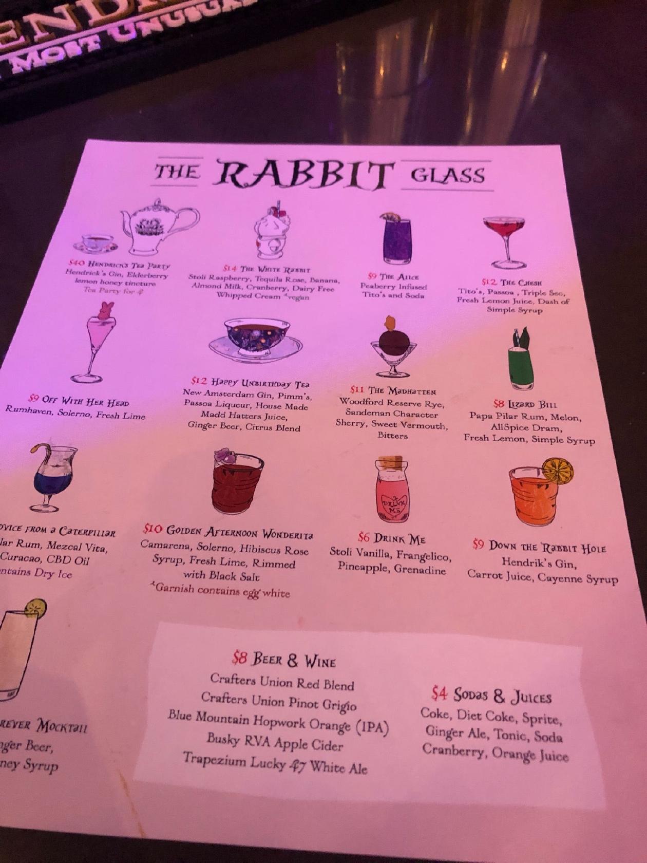 Menu at Switch Pop-up Bar, Richmond