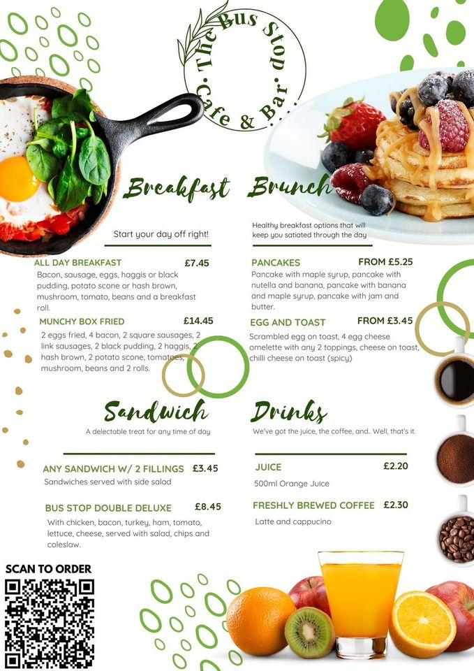 Menu at The Bus Stop CafeBar, Bathgate