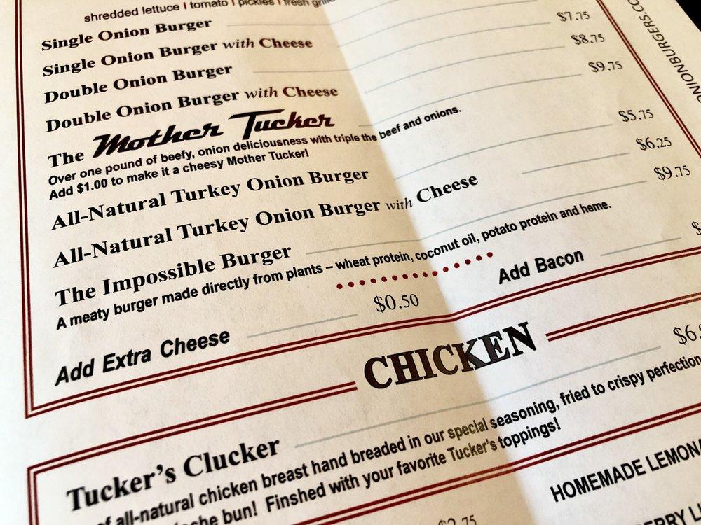 Menu at Tucker's Onion Burgers restaurant, Oklahoma City, 324 NW 23rd St