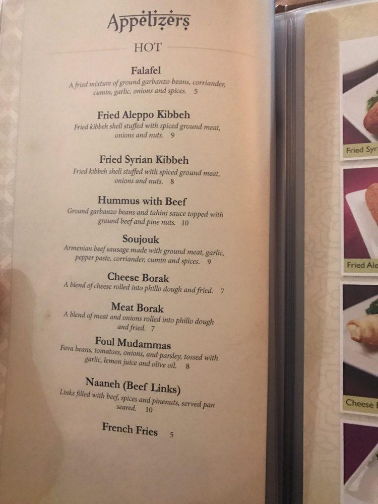 Menu at Aleppo's Kitchen restaurant, Anaheim