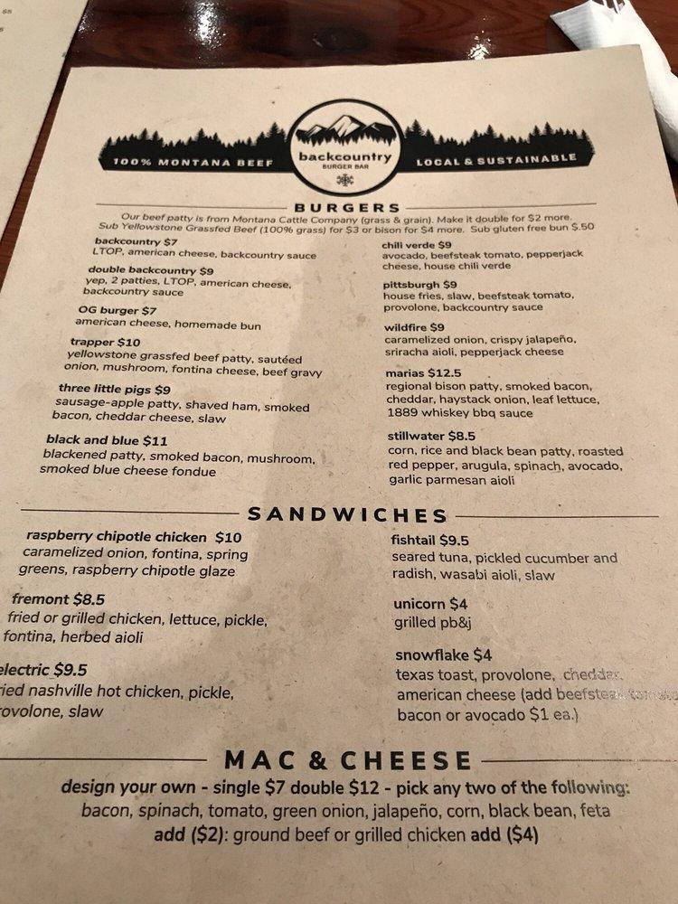 Menu at Backcountry Burger Bar, Bozeman