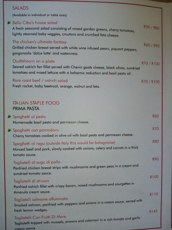Menu at Bello Cibo Restaurant, Oudtshoorn