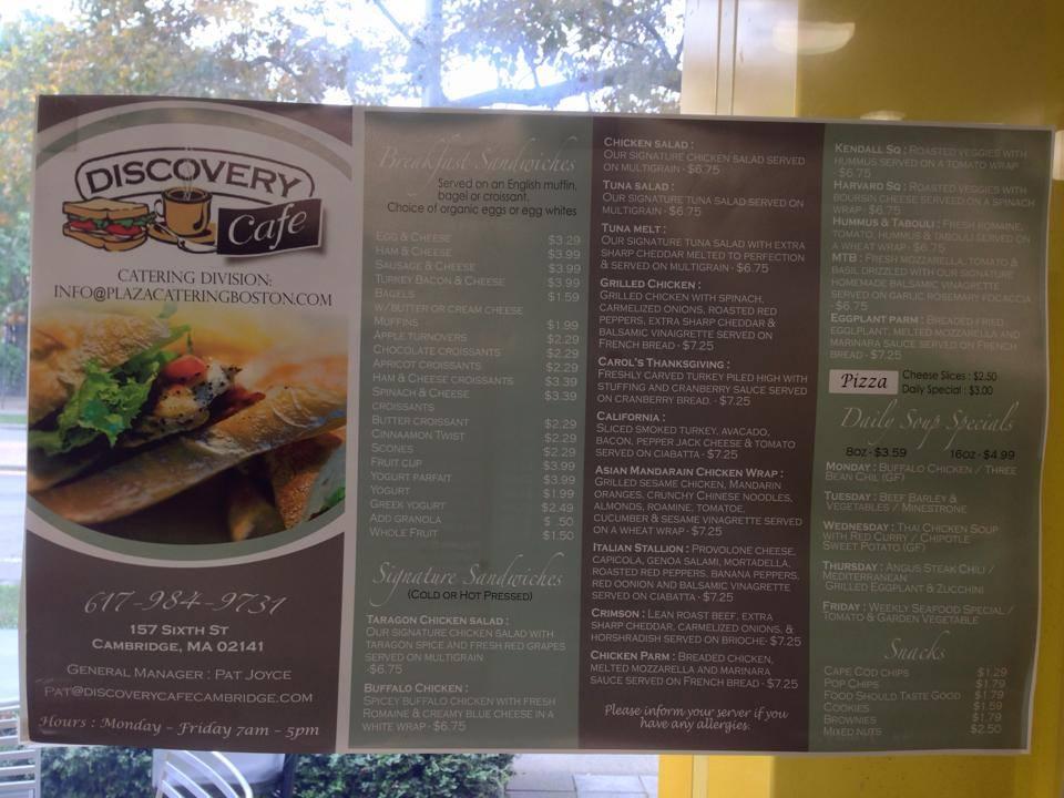 Menu at Discovery Cafe, Cambridge, 157 6th St