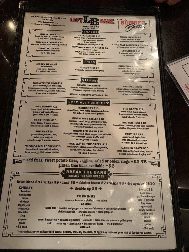Menu at Left Bank Burger Bar, Jersey City