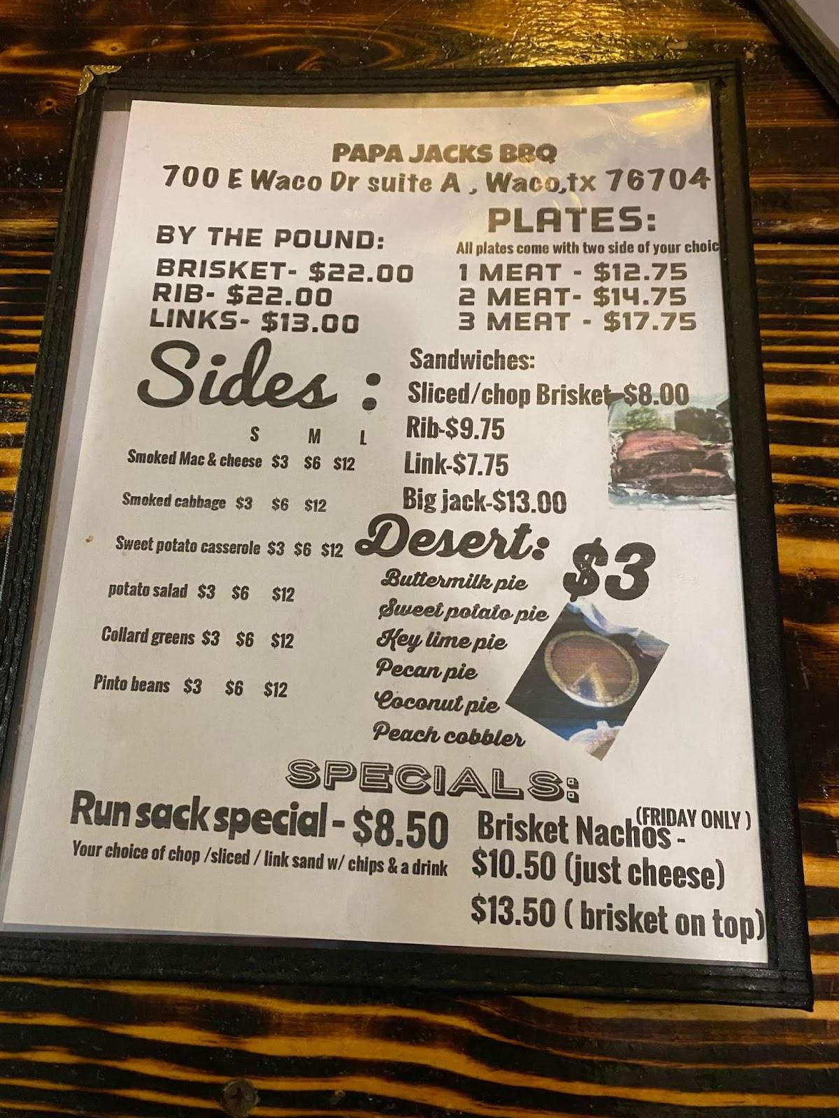 Menu at Papa Jack's BBQ, Waco