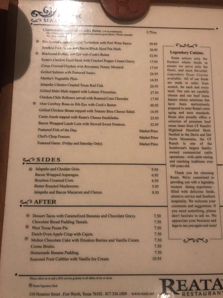 Menu at Reata Restaurant, Fort Worth, 310 Houston St