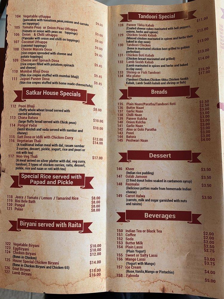 Carta del restaurante Satkar Indian Cuisine, Tampa, N Dale Mabry Hwy