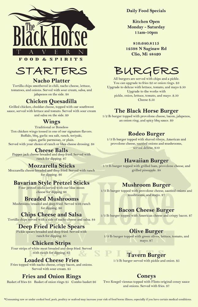 Menu at The Black Horse Tavern pub & bar, Clio