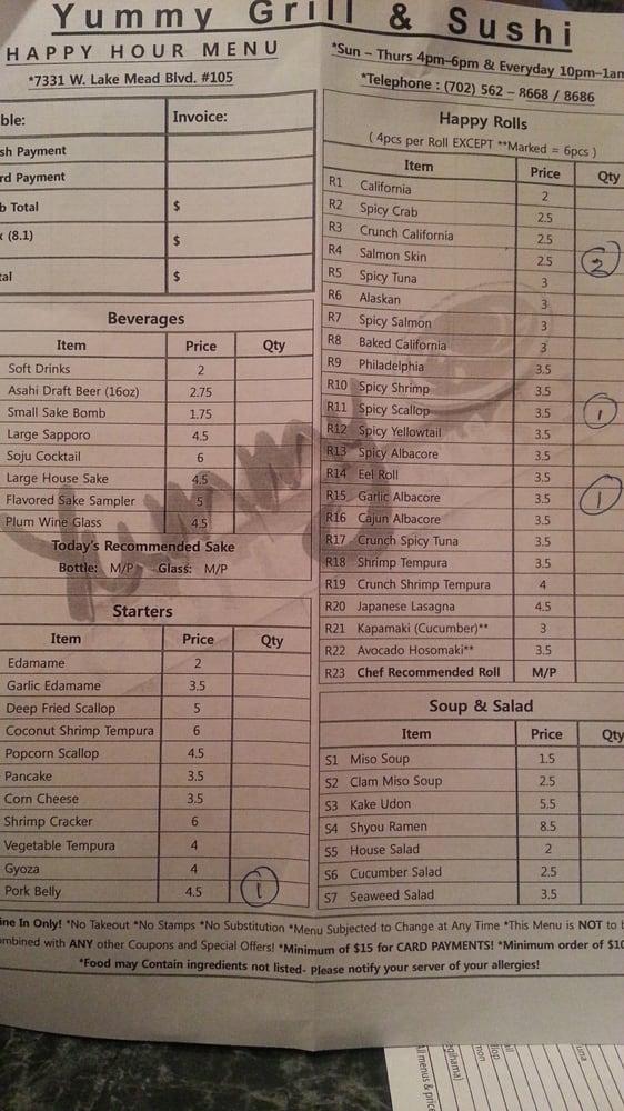 Menu at Yummy Grill & Sushi restaurant, Las Vegas, W Lake Mead Blvd #105