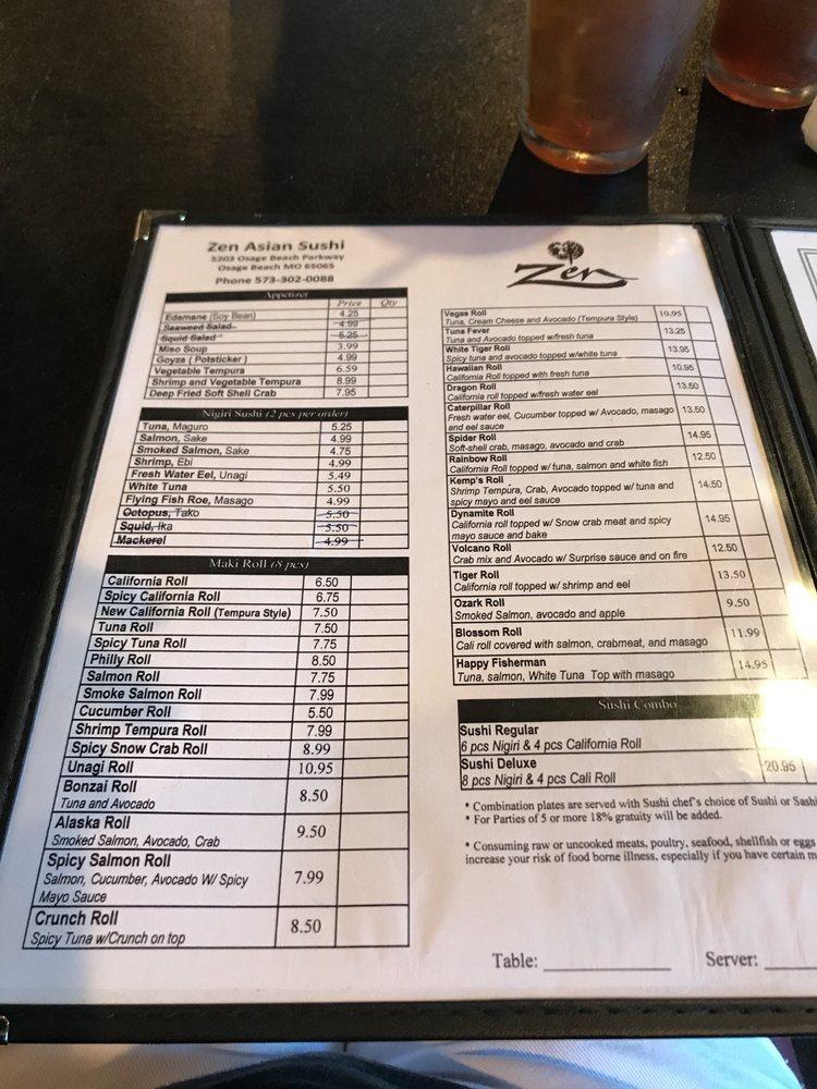 Menu at Zen restaurant, Osage Beach