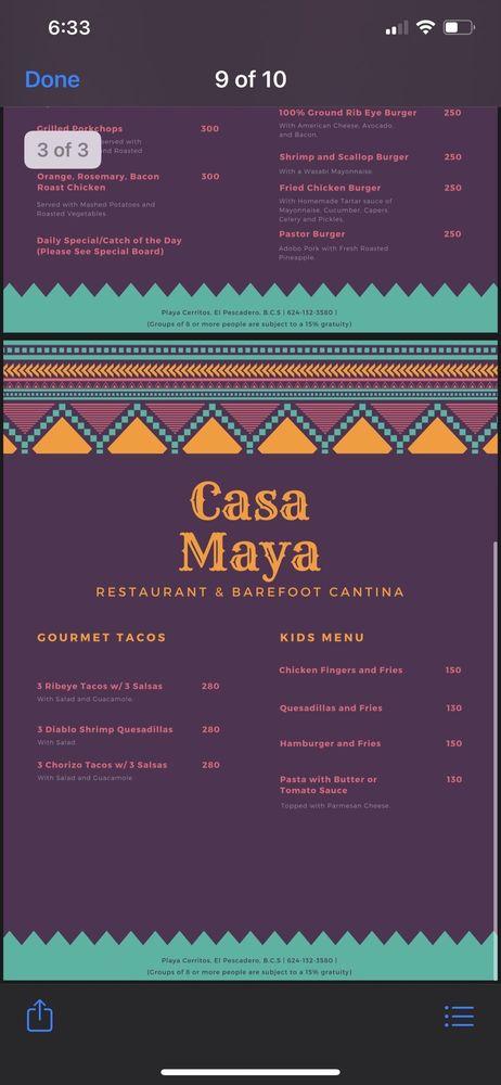Menu at Casa Maya Restaurant and Barefoot Cantina, El Pescadero