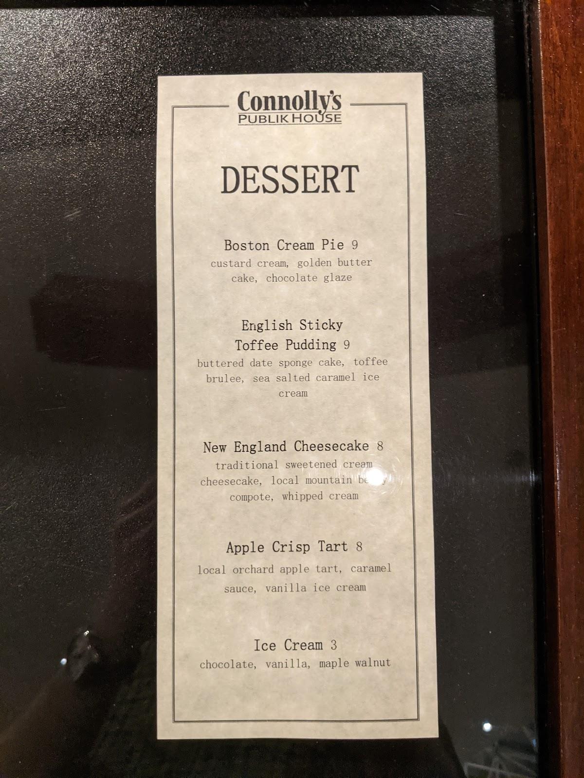 Menu at Connolly's Publik House, Boston, 1 Hotel Dr