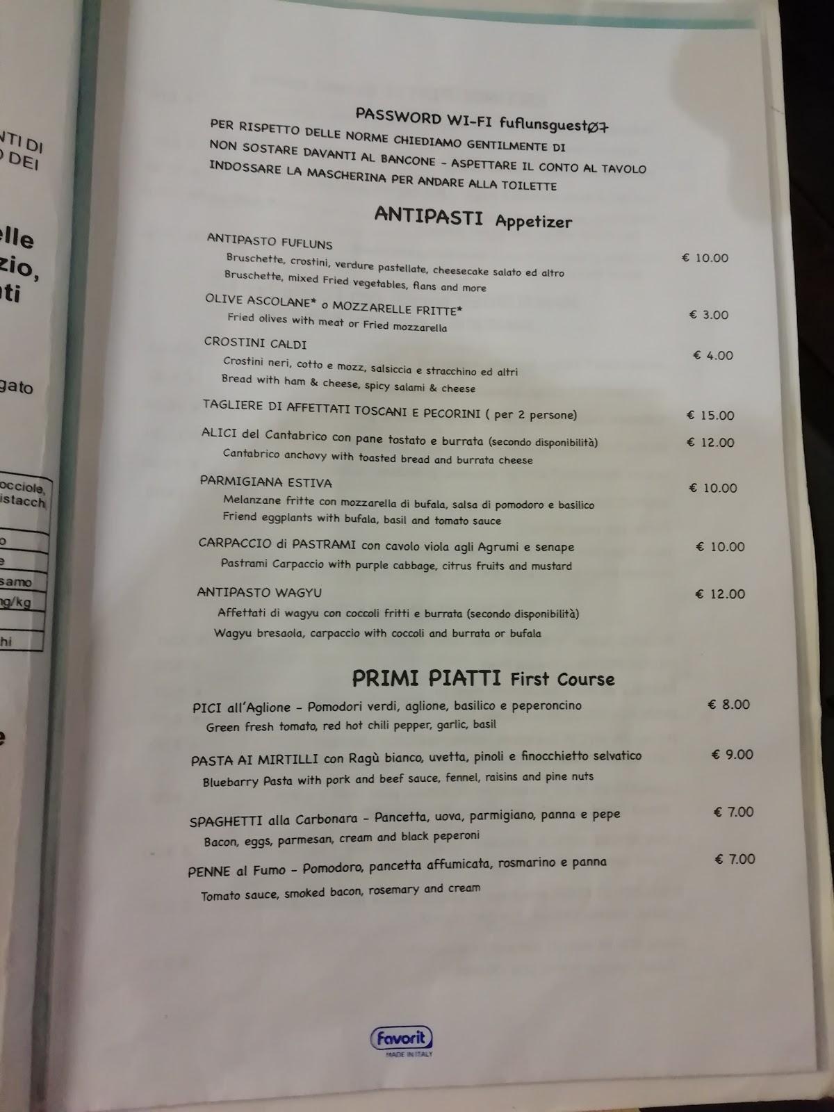 Menu at Fufluns pizzeria, Cortona