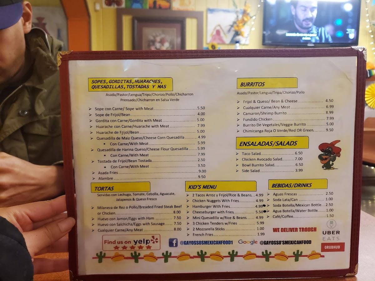 Menu at Gayosso's Mexican Food restaurant, Phoenix