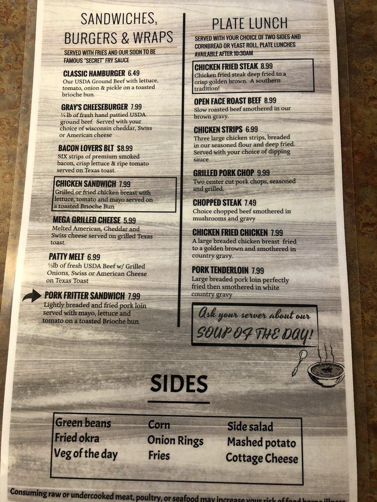 Carta del restaurante Gray's Diner, Flippin