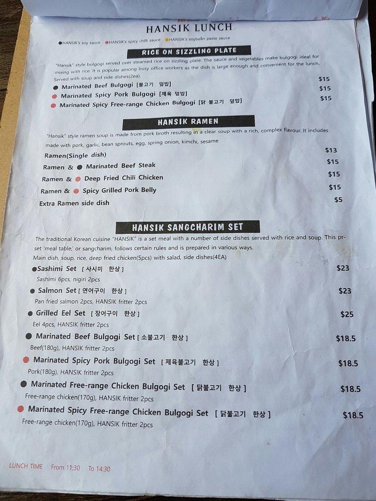 Carta de Hansik Restaurant & Bar, Auckland, 19 Drake St