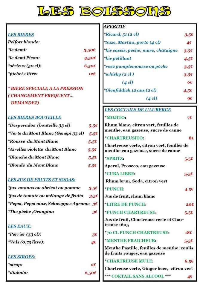 Menu au L'Auberge de la Sure restaurant, Saint-Julien-de-Ratz
