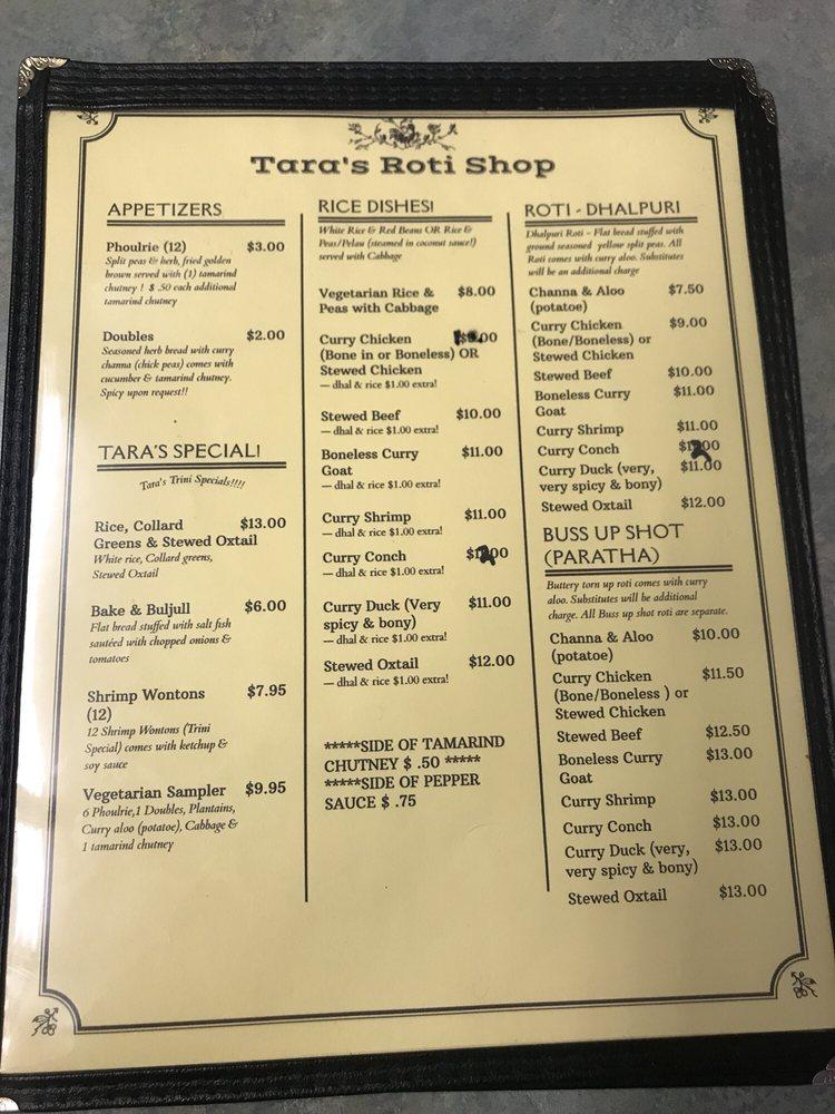 Menu at Tara's Roti Shop restaurant, Tampa