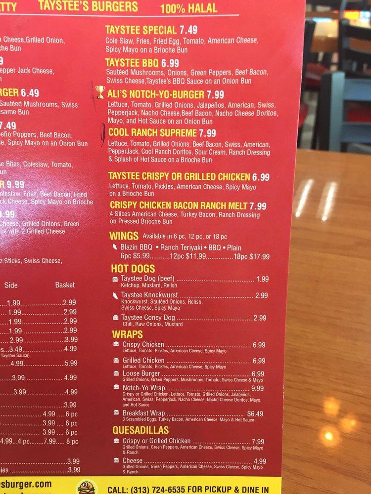 Menu at Taystee's Burgers fast food, Dearborn