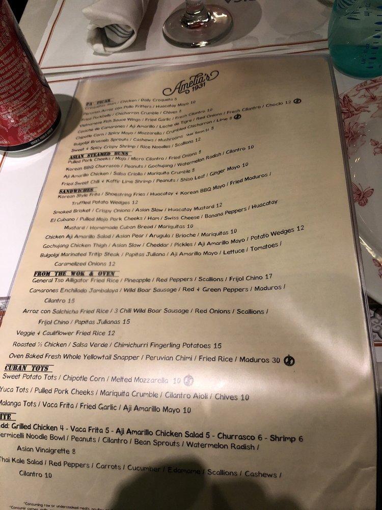 Menu at Amelia's 1931 restaurant, Tamiami, SW 26th St