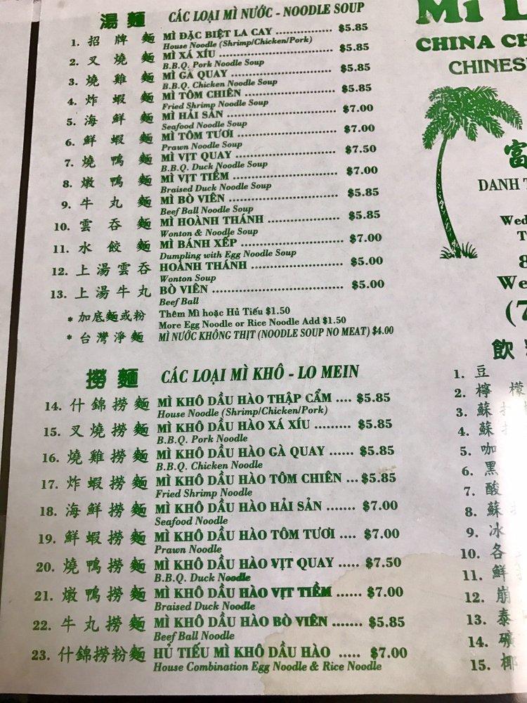 Menu at China Chef Mi La Cay restaurant, Westminster, Bolsa Ave