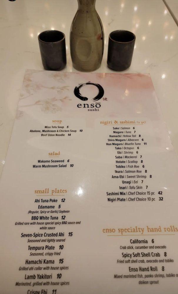 Menu at Enso Sushi restaurant, Brooks