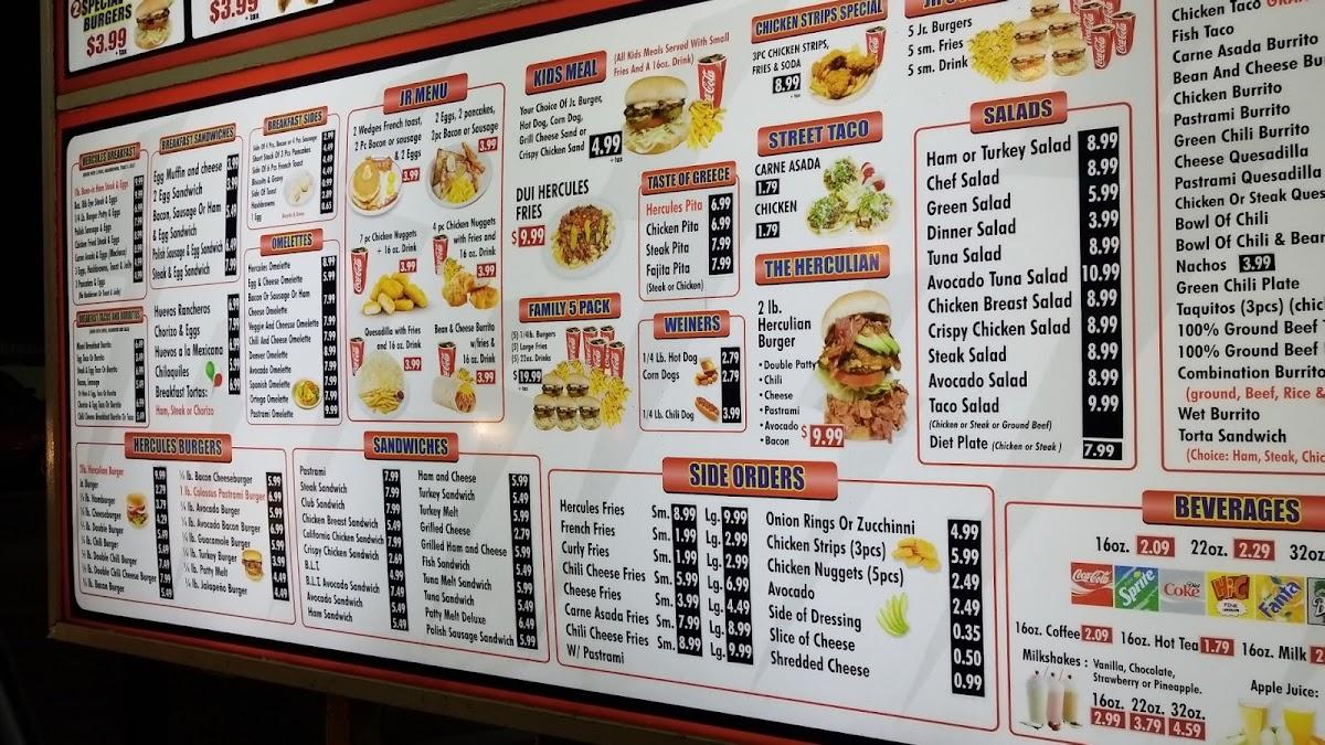 Menu at Hercules Burgers fast food, Lynwood